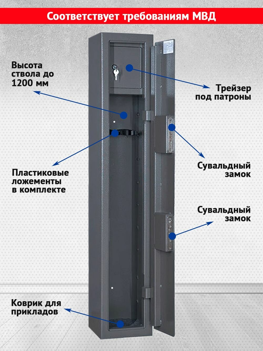 Сейф оружейный Меткон ОШ-13, В. Ш. Г. 1240х220х220 — фото 1