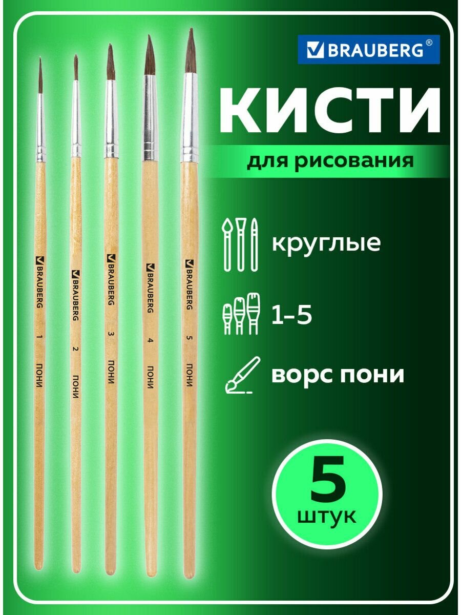 Кисти / кисточки для акварели, гуаши для рисования Brauberg, набор 5 шт. (пони, круглые № 1, 2, 3, 4, 5) набор кистей пони круглые кисти №1-5