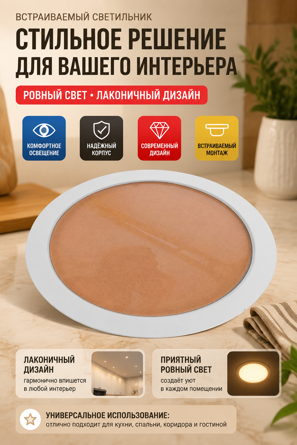 Круглый светильник с белым корпусом и коричневым стеклом для встраивания, декоративный