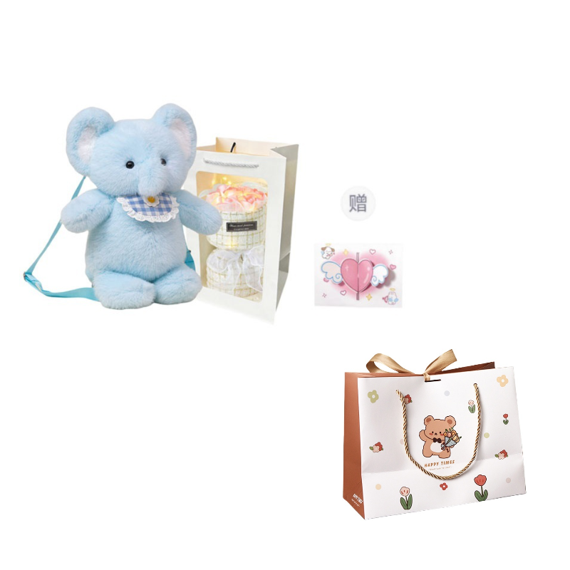 Плюшевый медведь унисекс PUDOWRABBIT Run Run Blue Elephant Backpack+Blue Plaid Bib+Lychee Pink Bouquet (Includes Cartoon Puppy Greeting Card), 45CM EU