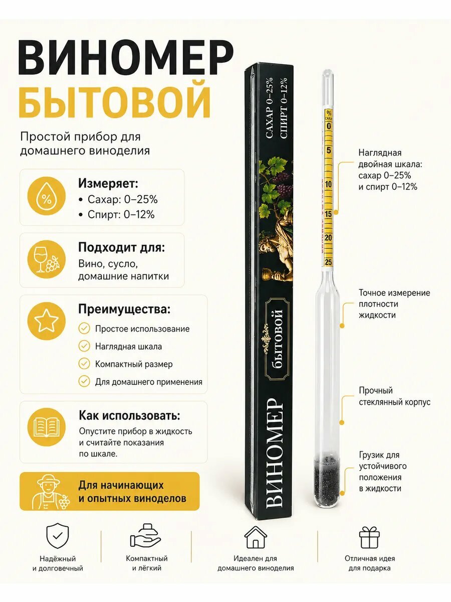 Виномер-сахаромер бытовой для домашнего виноделия, контроль браги, вина, настоек и фруктовых соков