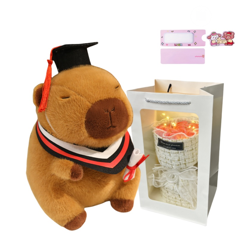 Плюшевая игрушка унисекс AOLETU Доктор Капибара Кун, Graduation Capybara-Red Pompon+Litchi Pink Bouquet+Puppy Pull Tab Greeting Card, 20CM EU