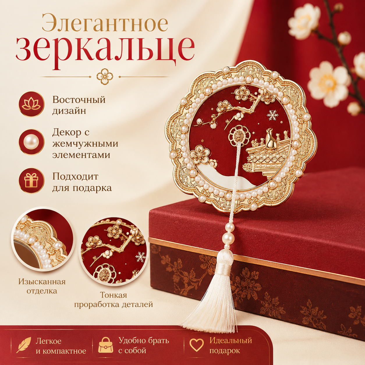 Зеркало в китайском стиле, украшенное кисточками и ретро-цветочным узором.