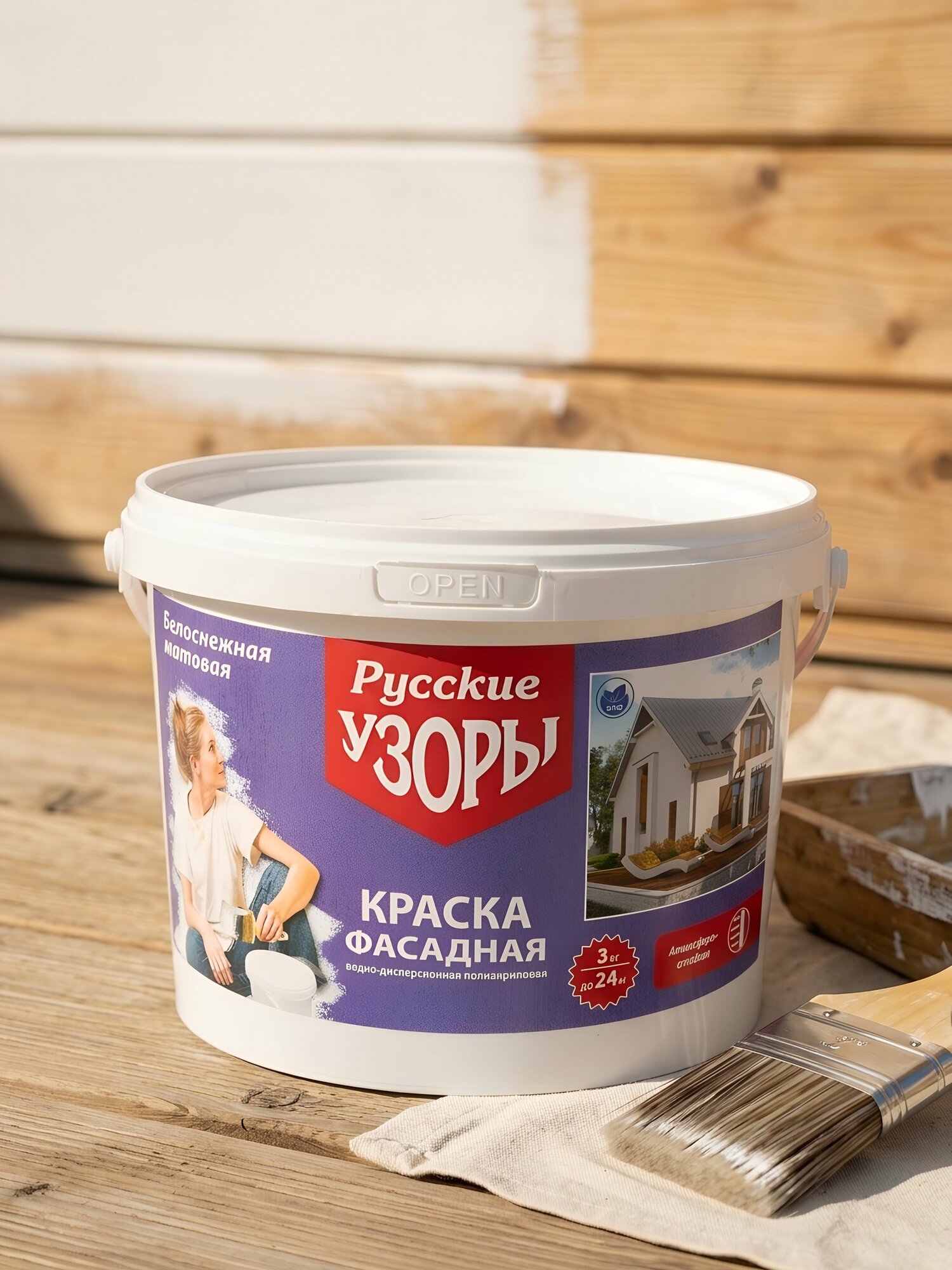 Краска водно-дисперсионная Русские узоры фасадная полиакриловая матовая белоснежная 3 кг для наружных работ по бетону и кирпичу