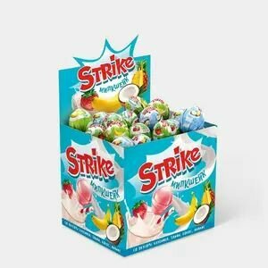 Карамель на палочке STRIKE со вкусами "клубничного, бананового и кокосово-ананасового коктейля" 50 шт. Х 11.3г.
