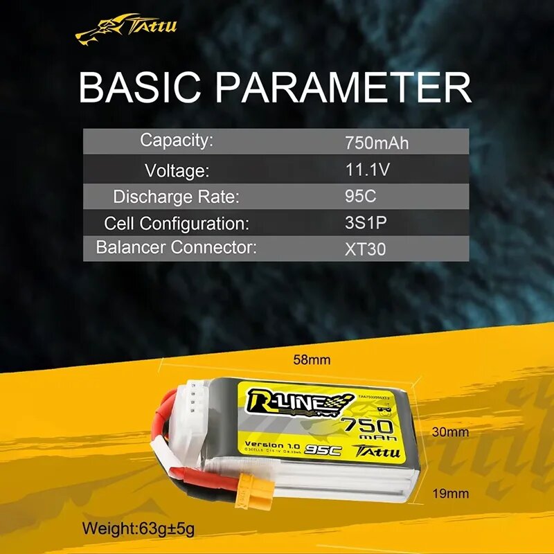 Tattu R-Line 2S 3S 4S 6S LiPo аккумулятор 550-1800 mAh с разъемами XT30 XT60 95C 750mah 3S XT30