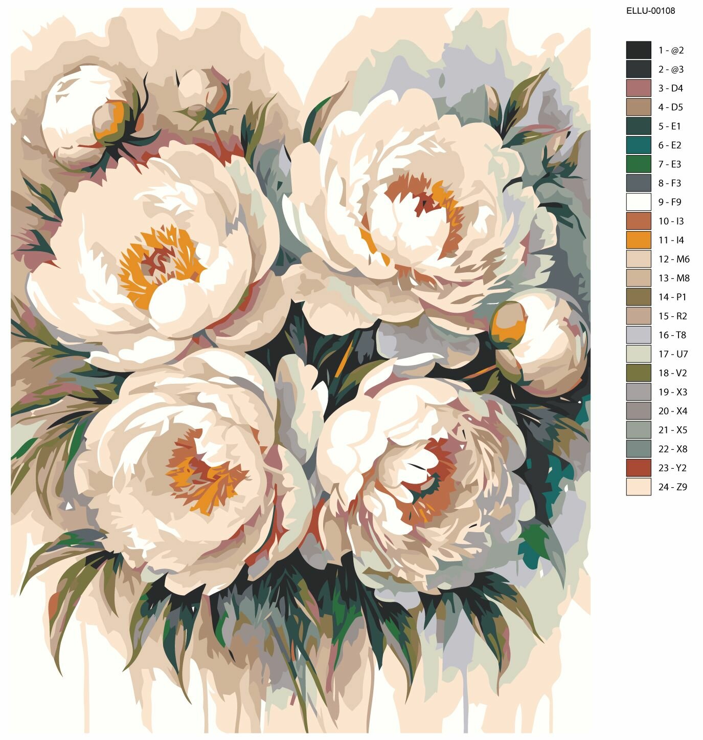 Картина по номерам, 40 x 50, ELLU-00108, белые пионы