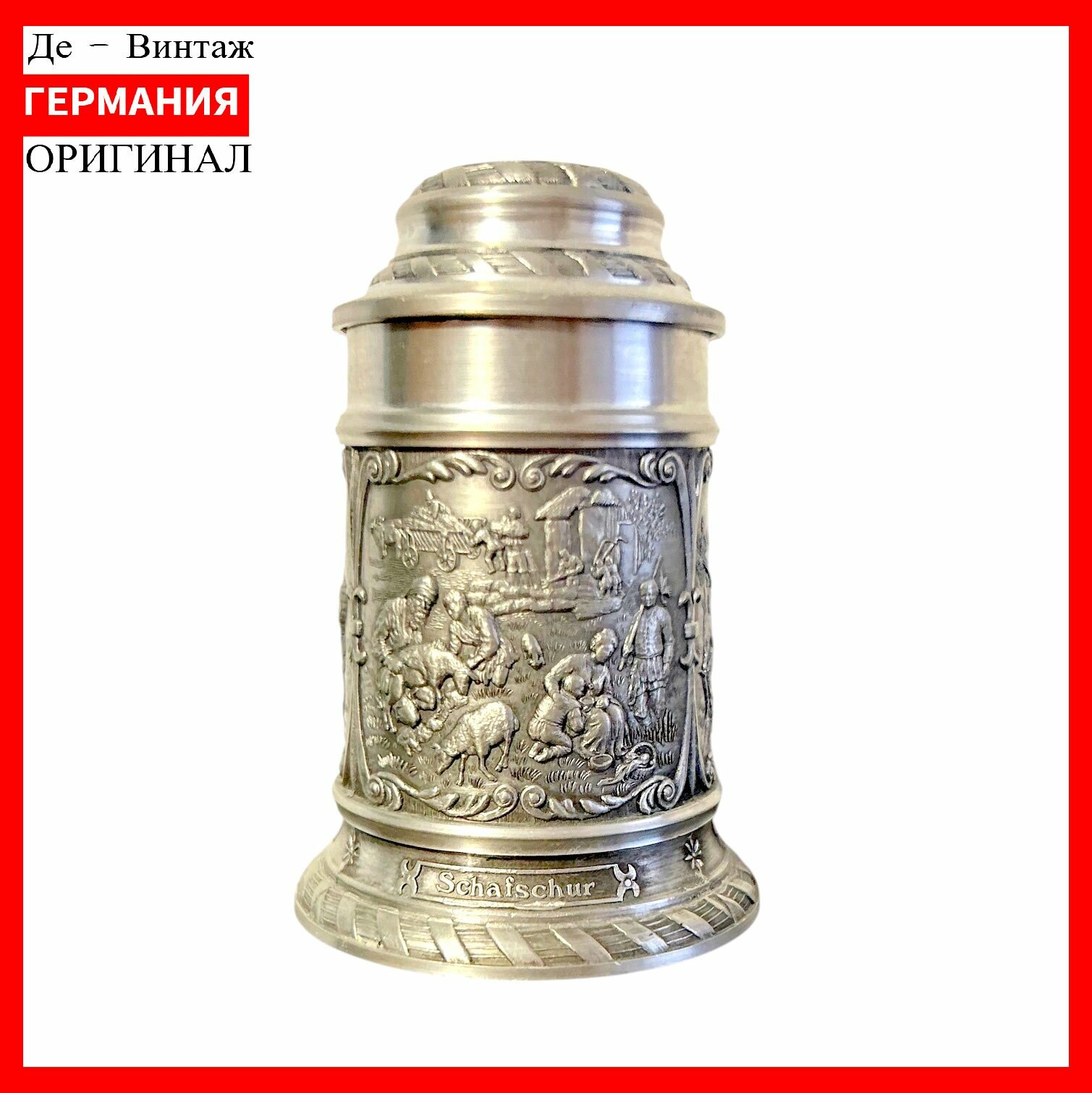 Миниатюрная пивная кружка - рюмка, олово Овцы, винтаж. Германия