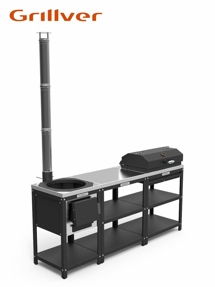 Кухонный комплекс с мангалом Grillver № П7: печь + стол 710 + гриль с чугунной решеткой / уличная кухня на дачу и в сад