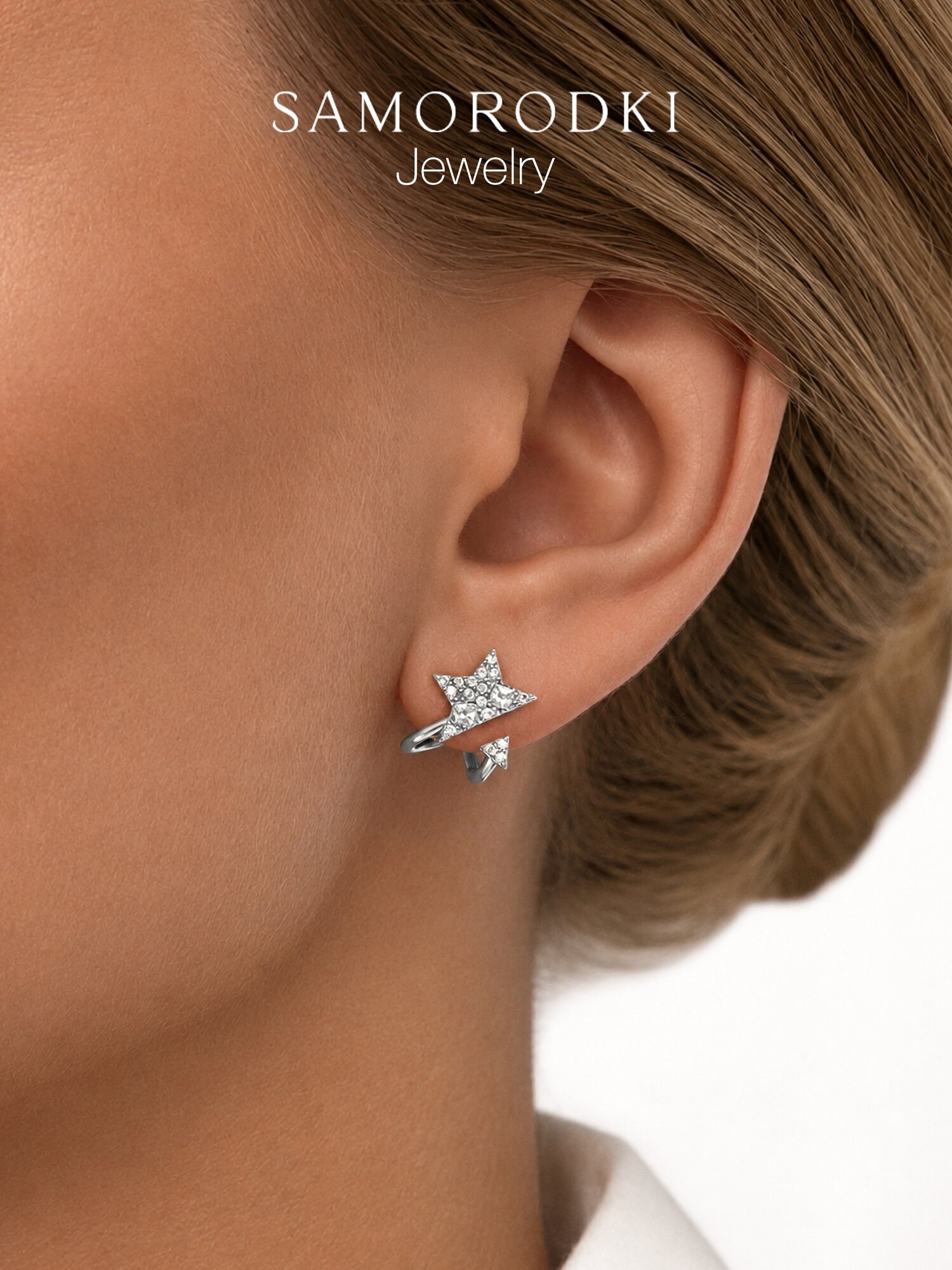 Серьги пусеты SamoroDki Jewelry, серебро, родирование, фианит, , серебристый/белый — фото 1