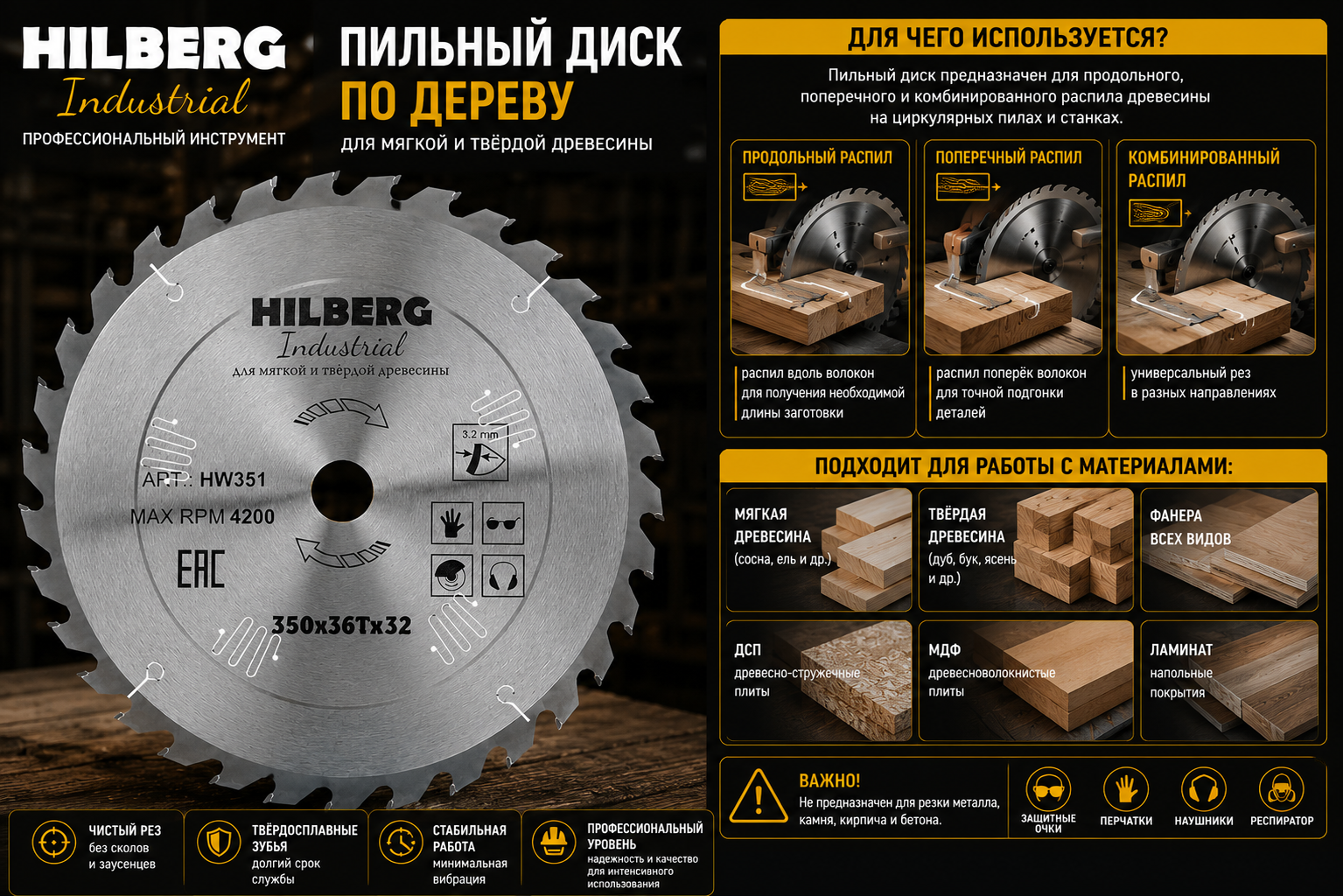Пильный диск Hilberg "Industrial" для дерева, диаметр 350мм, 36зубьев, толщина 2.2мм