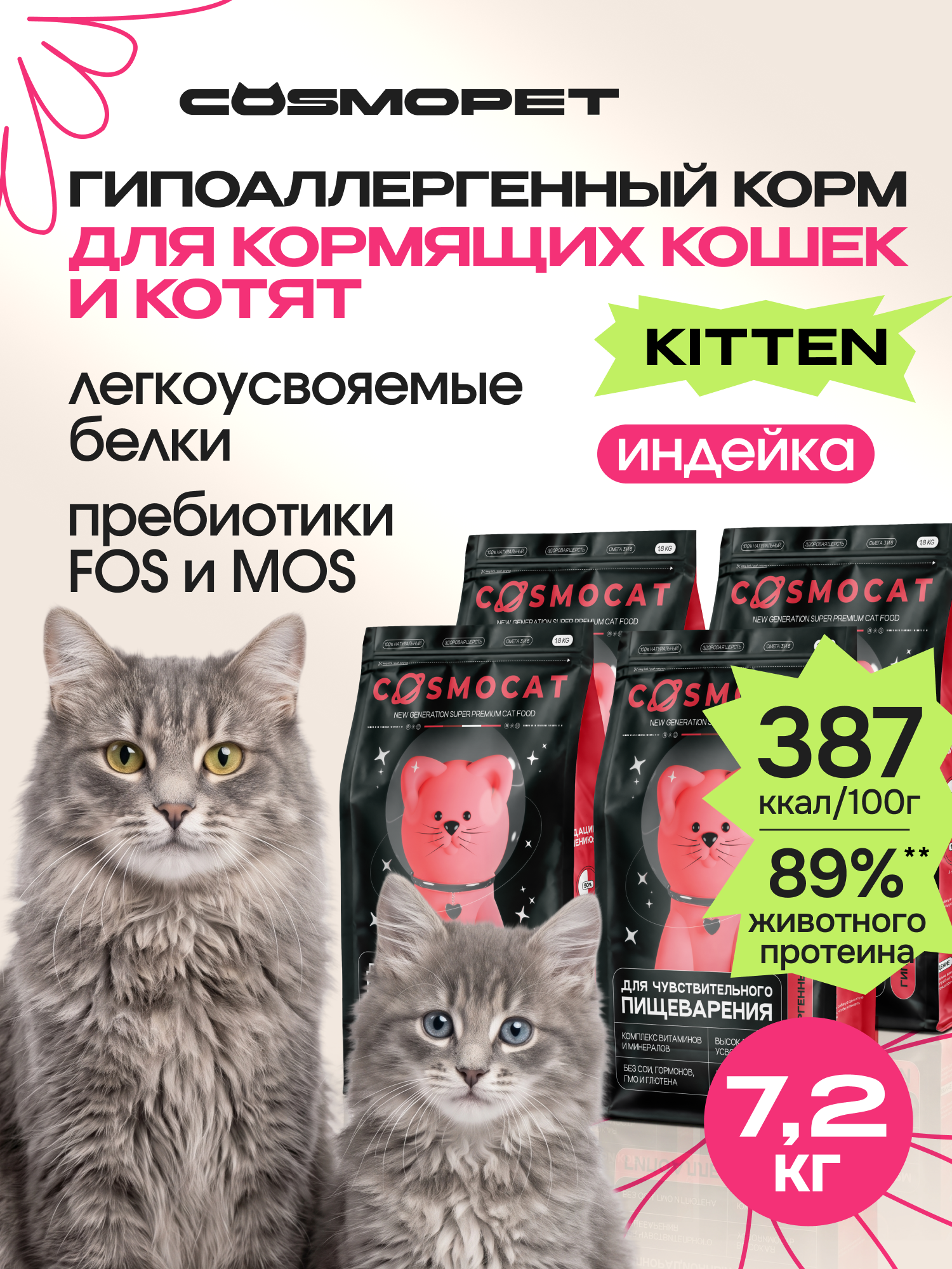 Сухой корм для котят премиум класса Cosmocat 7,2 кг гипоаллергенный холистик с индейкой, для кормящих кошек и беременных