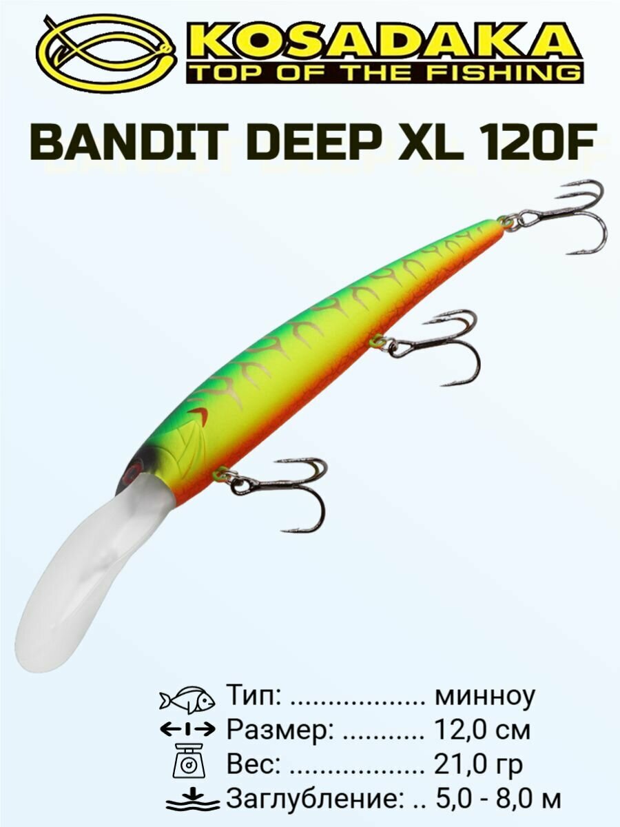 Воблер Kosadaka Bandit Deep XL 120F, плав, 120мм, 21г, 5-8м, цв. MHT