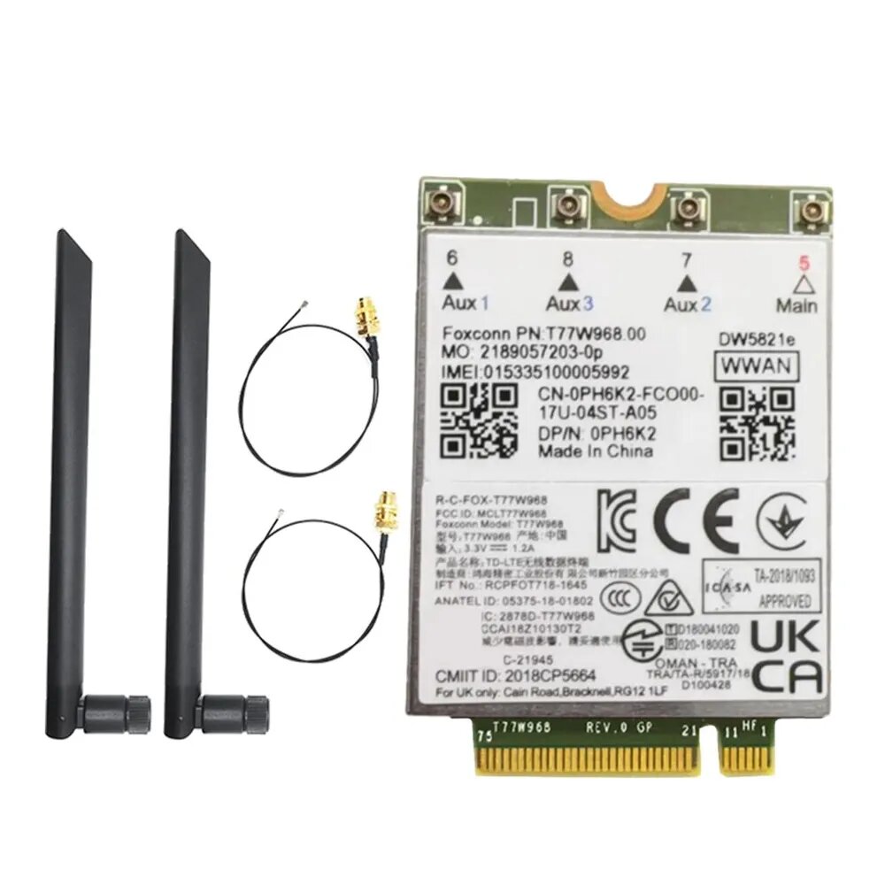 Модуль беспроводной сети Cat16 T77W968 DW5821E X20 4G LTE, гигабитная беспроводная карта Cat16 для ноутбуков 5420, 5424, 7424, 7400 + комплект из 2 антенн по 8 дБ