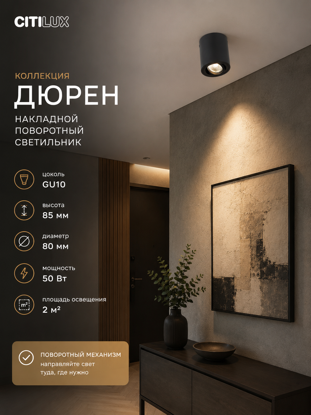 Спот потолочный поворотный накладной чёрный GU10 в гостиную спальню Citilux Дюрен CL538113