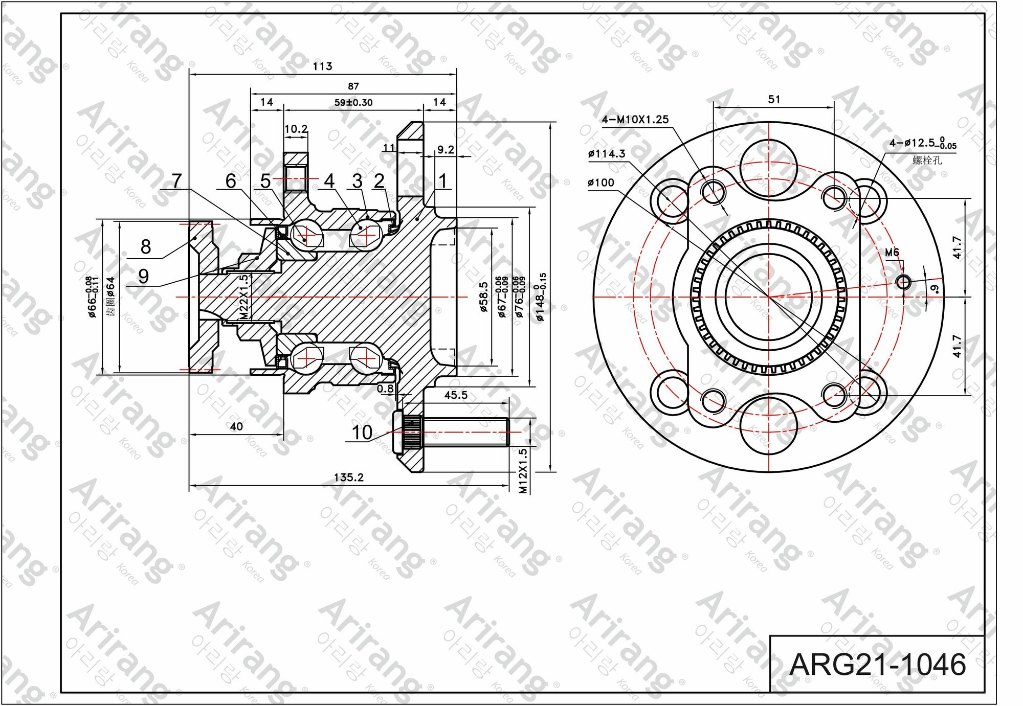 Ступица задняя в сборе с подшипником (+ABS), ARIRANG ARG211046