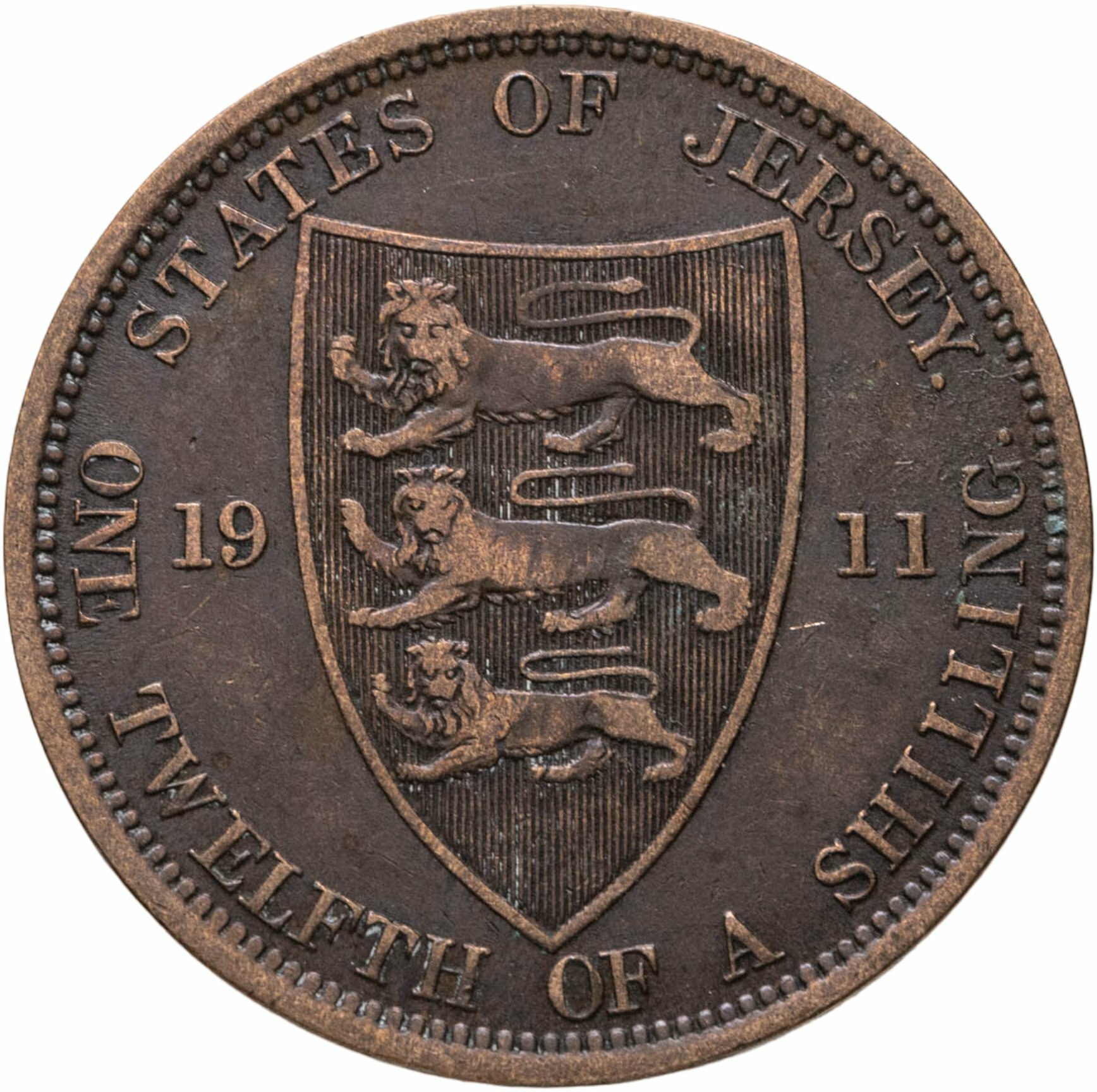 Джерси 1/12 шиллинга shilling 1911, Бронза, в сохранности VF-XF