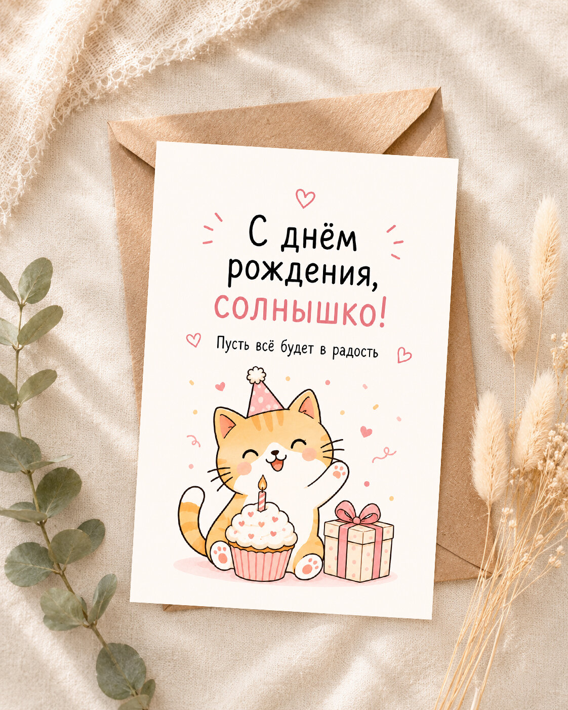 Открытка "С днём рождения, солнышко", милая с котиком и подарком, конверт, 10х15