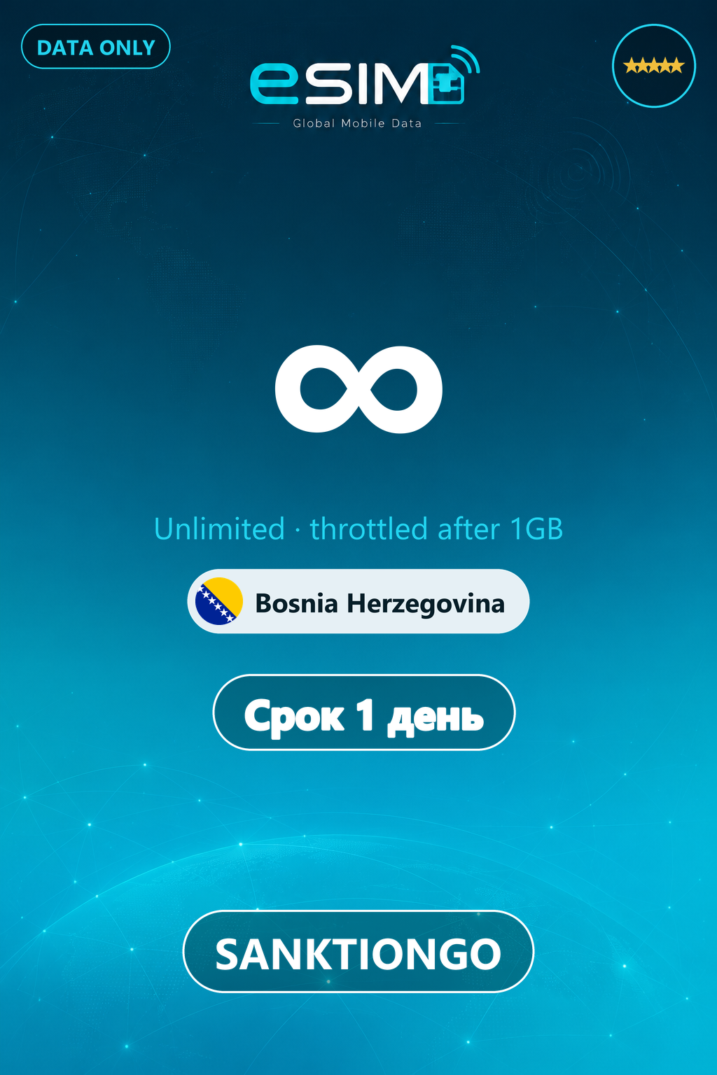 ESIM Босния и Герцеговина — безлимит интернета на 1 день, туристическая сим-карта для интернета в поездках