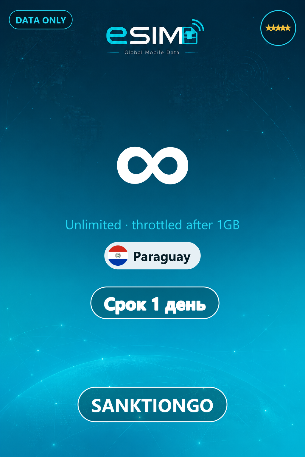 ESIM Парагвай — безлимит интернета на 1 день, туристическая сим-карта для интернета в поездках