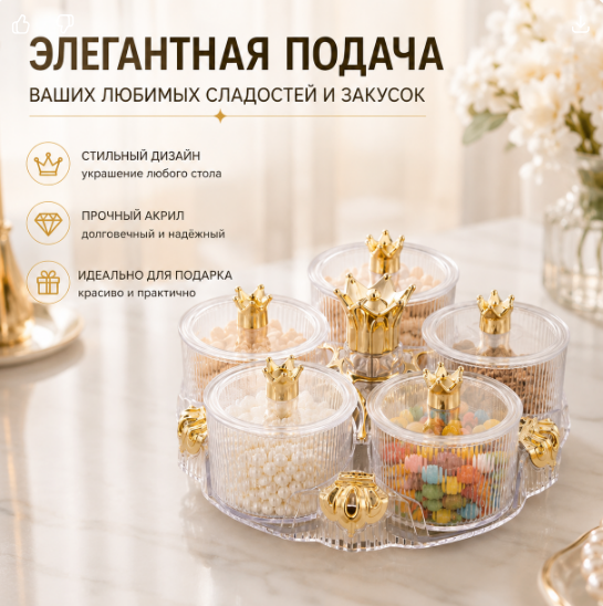 Набор контейнеров для конфет и орехов из акрила с золотыми коронами, 5 секций с крышками, вращающийся поднос