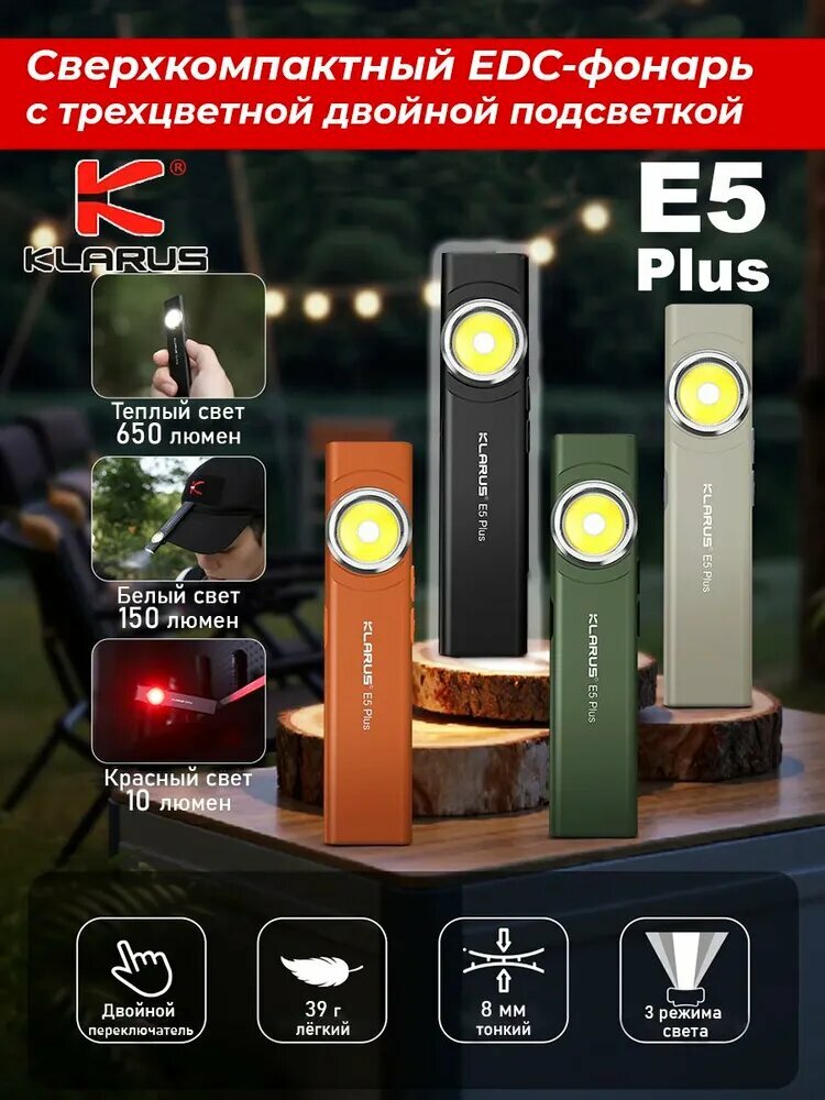 Ультратонкий фонарь EDC KLARUS E5 Plus (650лм-12,5ч-39г-32м-6 режимов-IPX4)