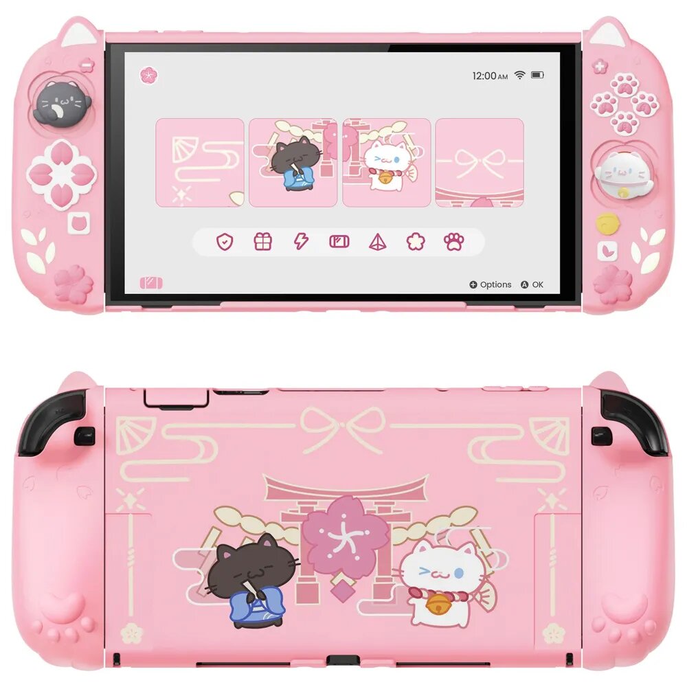 PlayVital чехол для Nintendo Switch OLED Cherry Blossoms Kitten, защитный жёсткий корпус с подставкой, силиконовые грипсы и накладки на стики, противоударный, dockable, розовый