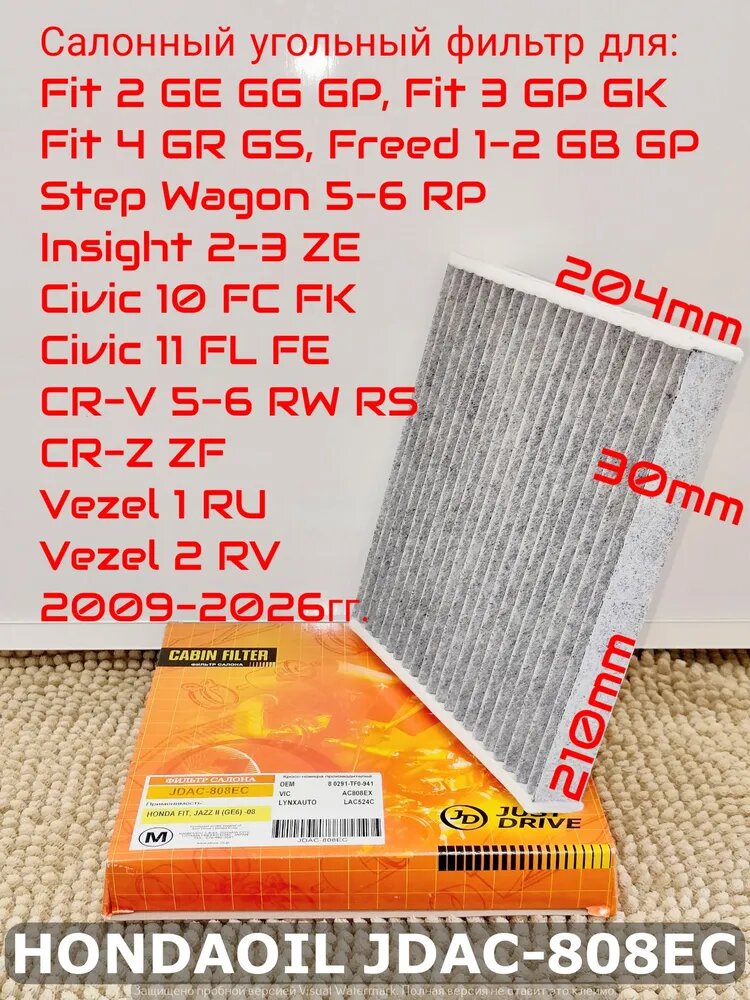 Just Drive Фильтр салонный арт. JDAC808EC для HONDA Fit 2-3-4, STEPWGN 5 RP, Freed 1-2, Insight ZE, Civic 10, Vezel 1-2, CR-V 5 RW, CR-Z ZF 2009-2023гг. OEM: 80291-TF0-941 80291-TF3-E01 80292-TBA-A11 80292-TGL-E01 80291-T5A-J01 80291-T5R-A01 AC808EX, 1 шт.