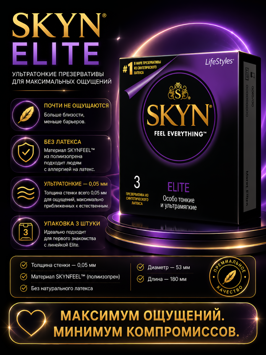 Особо тонкие и ультрамягкие безлатексные презервативы Skyn Elite, 3 шт