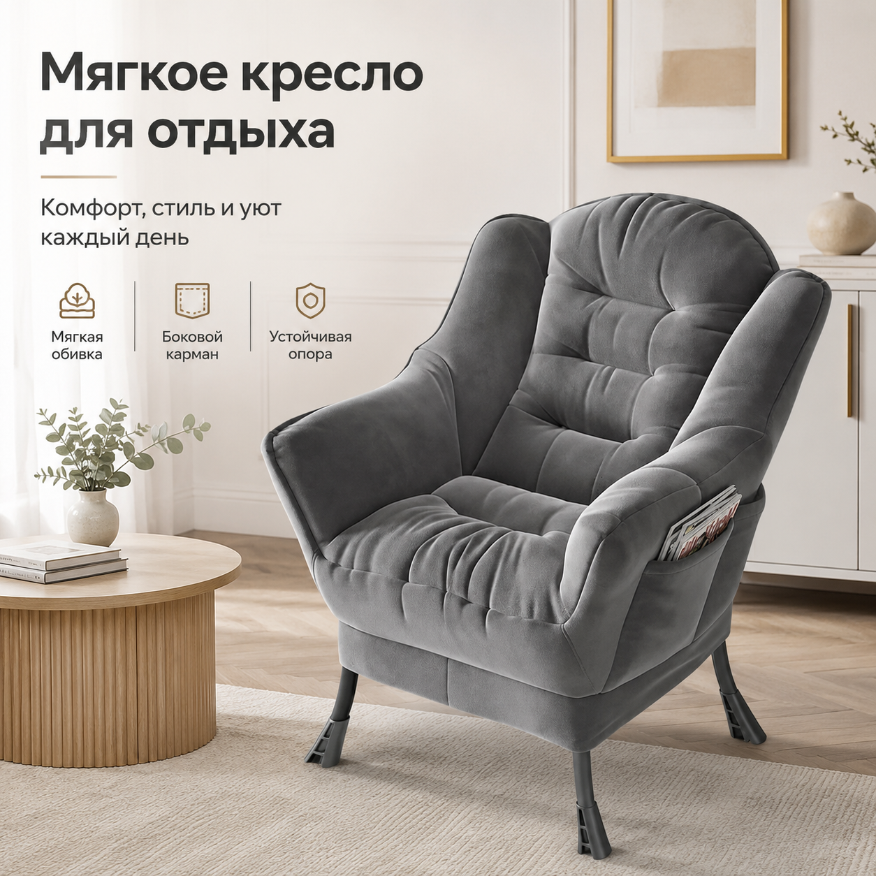 Кресло "Премиум Комфорт", хлопковая обивка, 60 см x 60 см х 85 см, серое