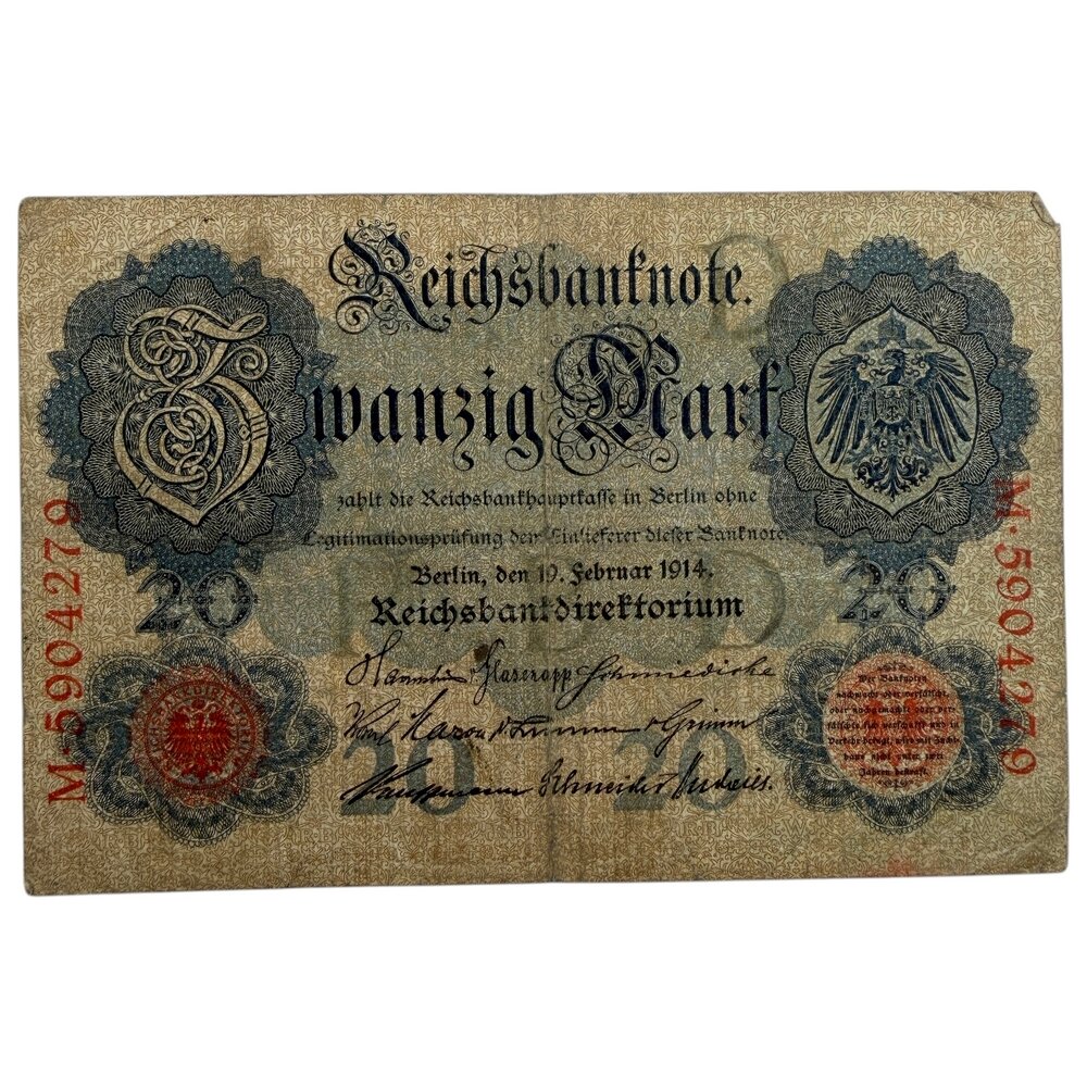 Германская империя (Германия) 20 марок 1914 г. (Reichsbanknote) (Литера D)(Серия M)(7-значный номер)