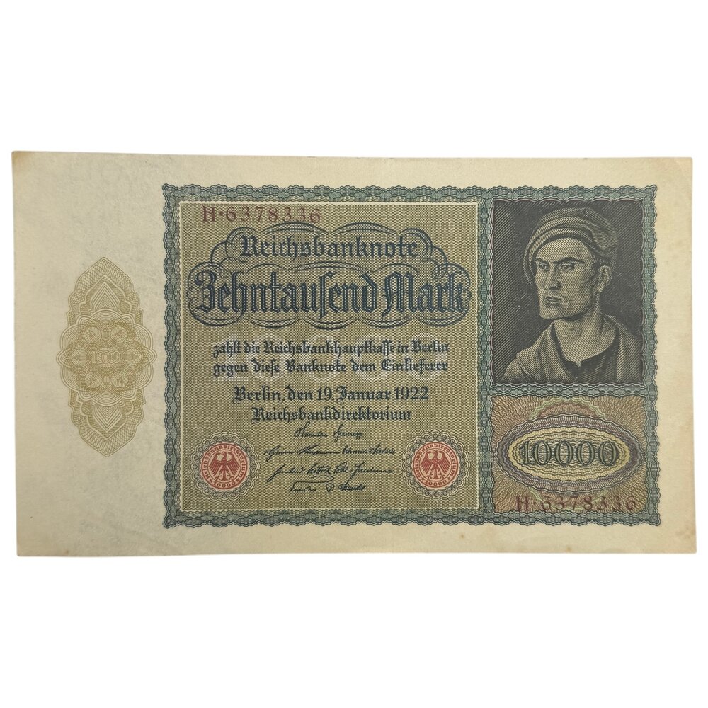 Веймарская республика (Германия) 10000 марок 1922 г. (Без литеры) (Крупный формат) (Серия H)