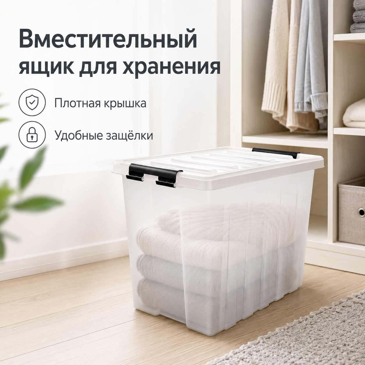 Контейнер Rox Box 50x39x40 см 50 л пластик с крышкой и роликами цвет прозрачный