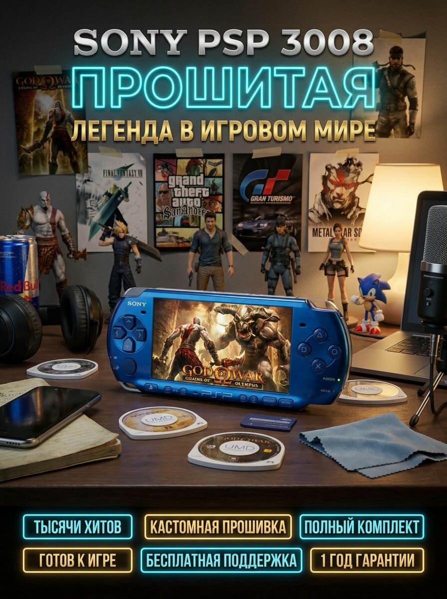Новая игровая консоль Sony PSP 3008 Slim Blue 64Gb 3020 ИГР