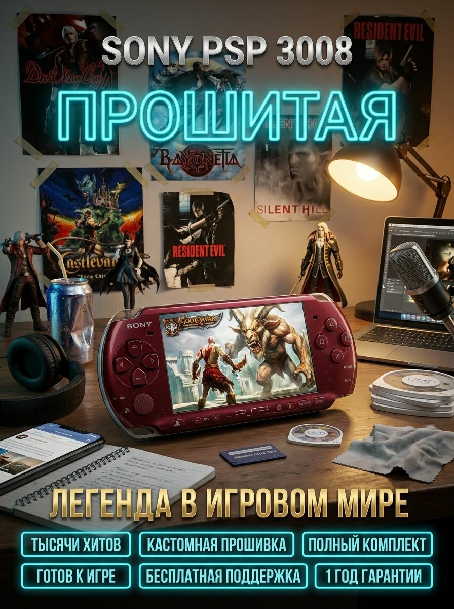 Новая игровая консоль Sony PSP 3008 Slim Red 64Gb 3020 ИГР