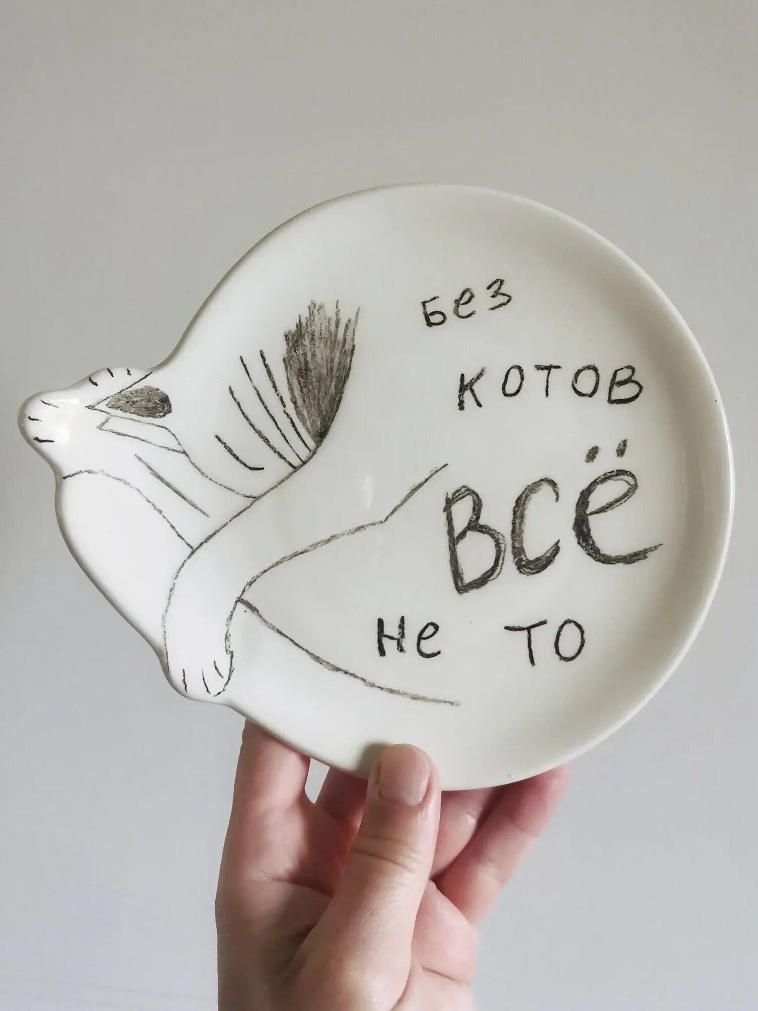 Тарелка ручной работы Taniko Ga «Без котов все не то», белая, керамика, 15 см
