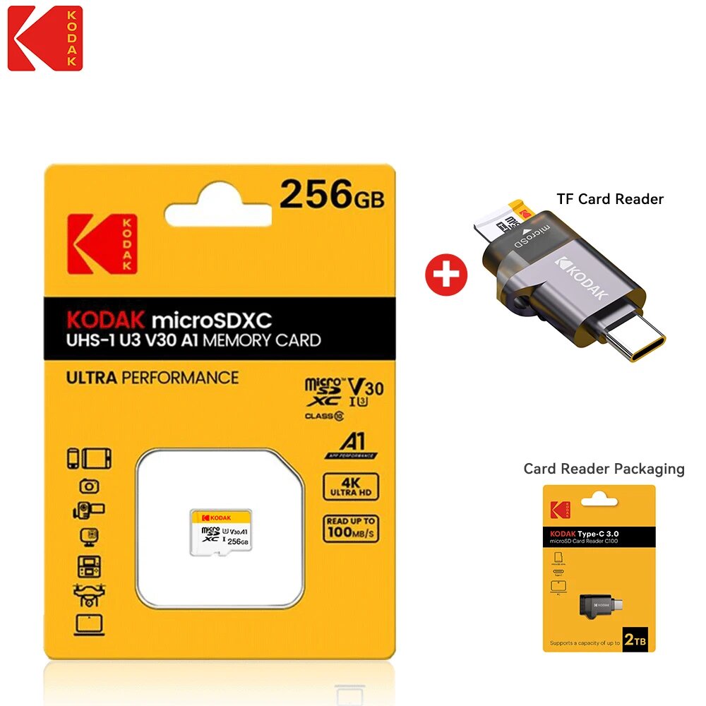 Карта памяти Kodak Micro SD 32/64/128/256 ГБ, класс 10 U3 256G and Card reader