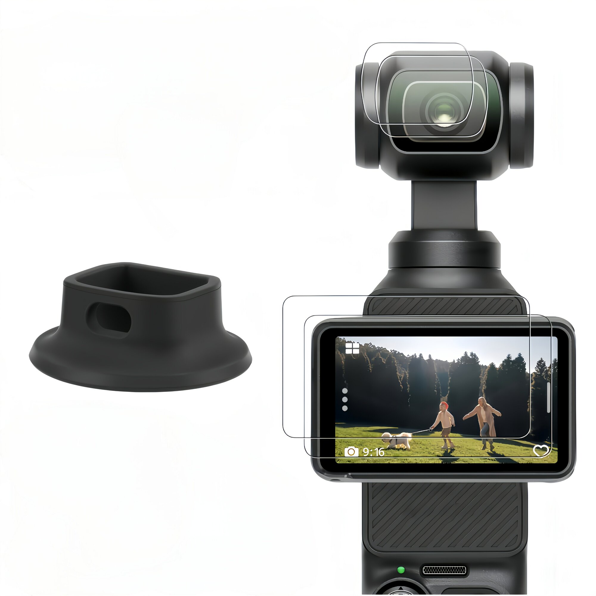 Набор защитных стекол для экрана и камеры для DJI Pocket 3/4, 5 шт. (4+1), с противоскользящей подставкой, 9H закаленное стекло