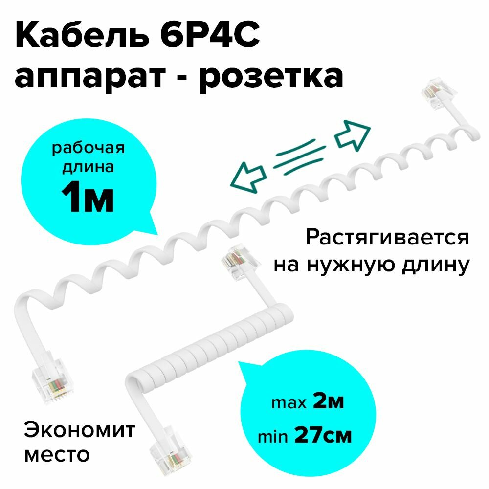 Телефонный шнур-удлинитель 2 метра витой RJ-11 GCR для подключения устройств белый