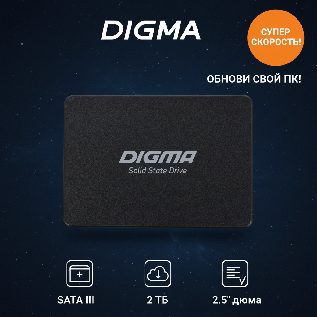 Digma 2 ТБ Внутренний SSD-диск Run S9 SATA III 2.5", 2.5", SATA III (DGSR2002TS93T)