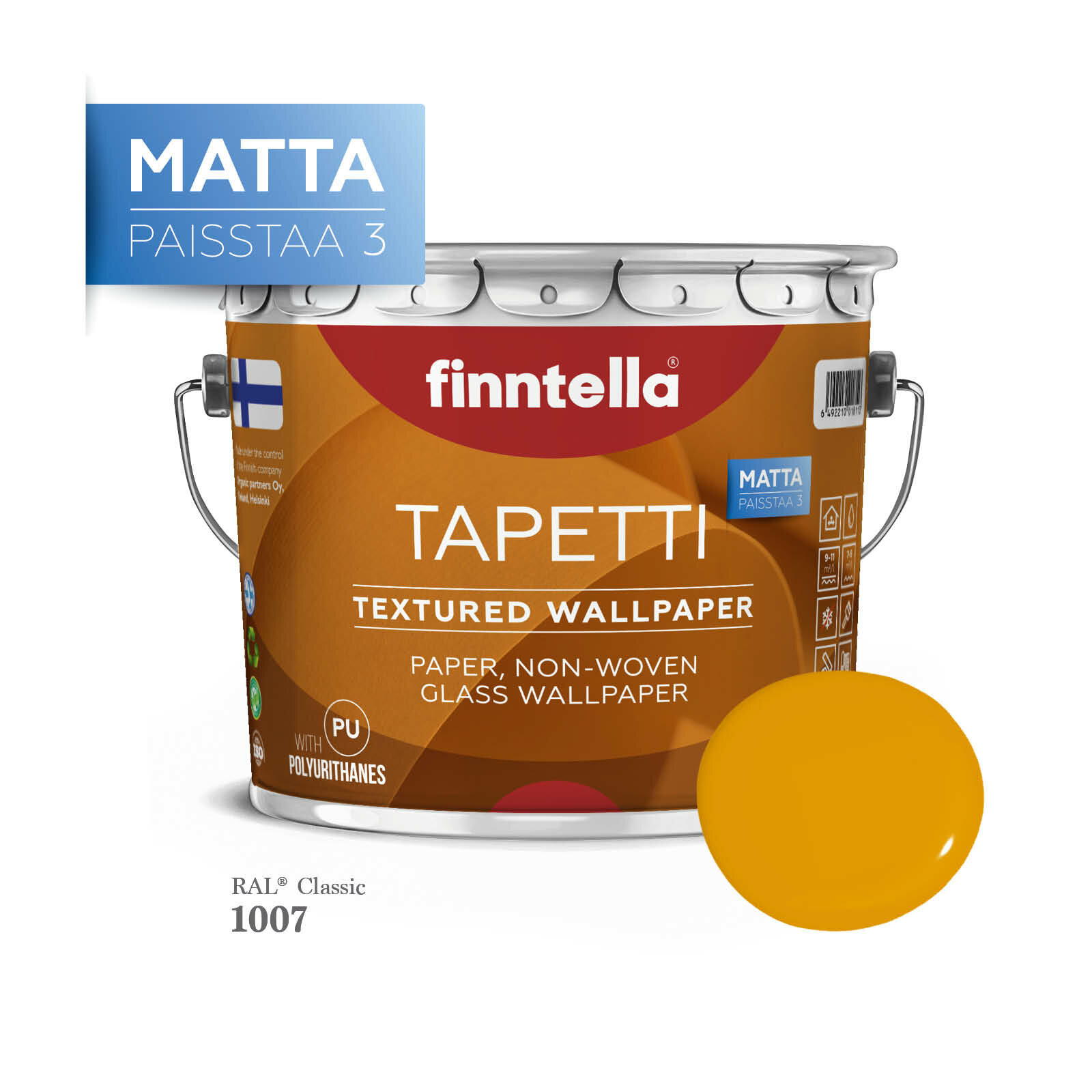 Матовая краска для обоев под окраску TAPETTI Matta FINNTELLA, Цвет RAL 1007 Желтый нарцисс (Daffodil yellow), 2,7л