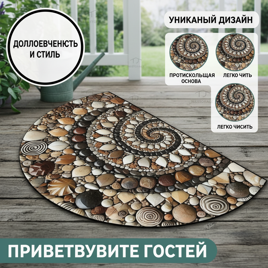 Полукруглый напольный коврик 50x80 см полиэстер под камень ПВХ износоустойчивый противоскользящий
