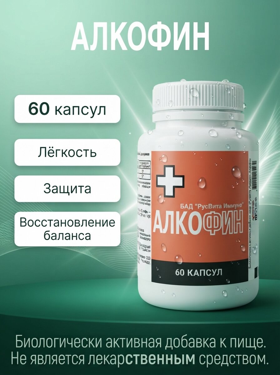 БАД от алкоголизма и похмелья Алкофин, активные ингредиенты, натуральный состав, 60 капсул