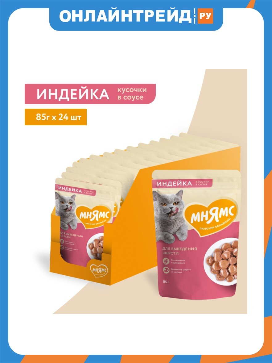 Корм влажный Мнямс Кусочки в соусе с индейкой для выведения шерсти у кошек, 24шт х85 г.
