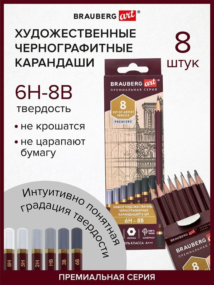 Карандаши простые чернографитные профессиональные 6H-8B Набор 8 штук, Brauberg Art Premiere