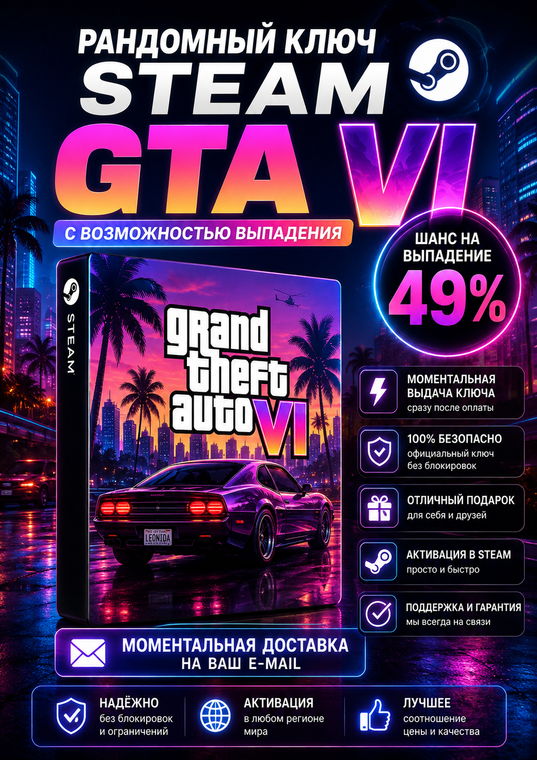 GTA 6 случайная игра STEAM l Random Key Steam l испытай удачу и выиграй главный приз l Платинум