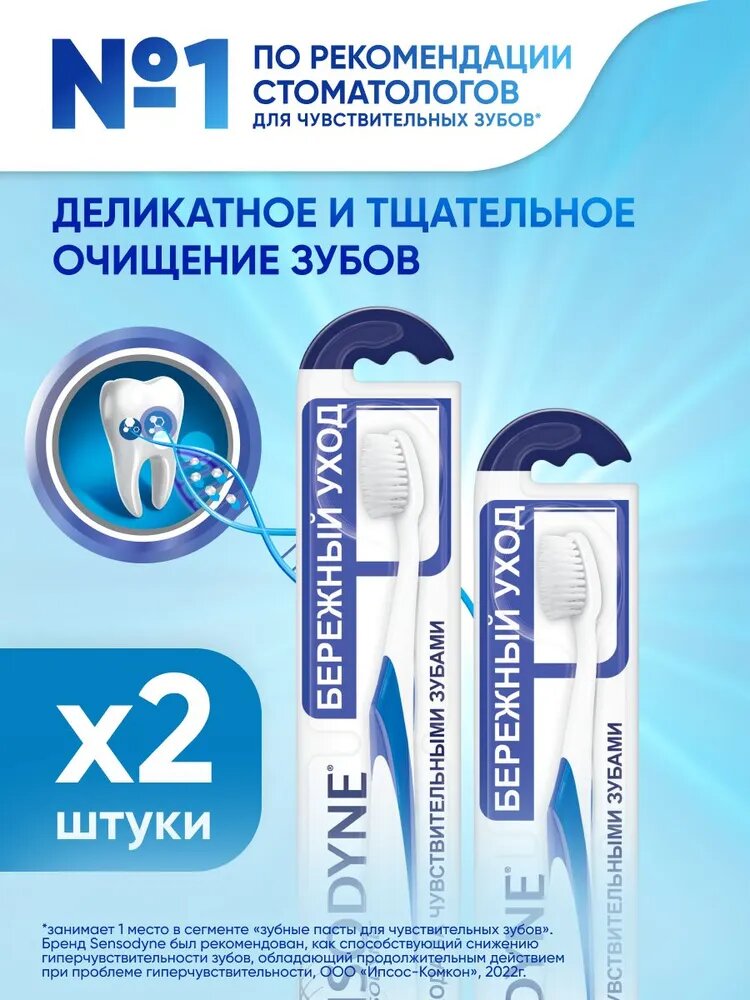 Зубная щетка мягкая набор Sensodyne Бережный Уход для чувствительных зубов, деликатное и тщательное очищение зубов и десен, удаление зубного налёта, 2 шт в комплекте