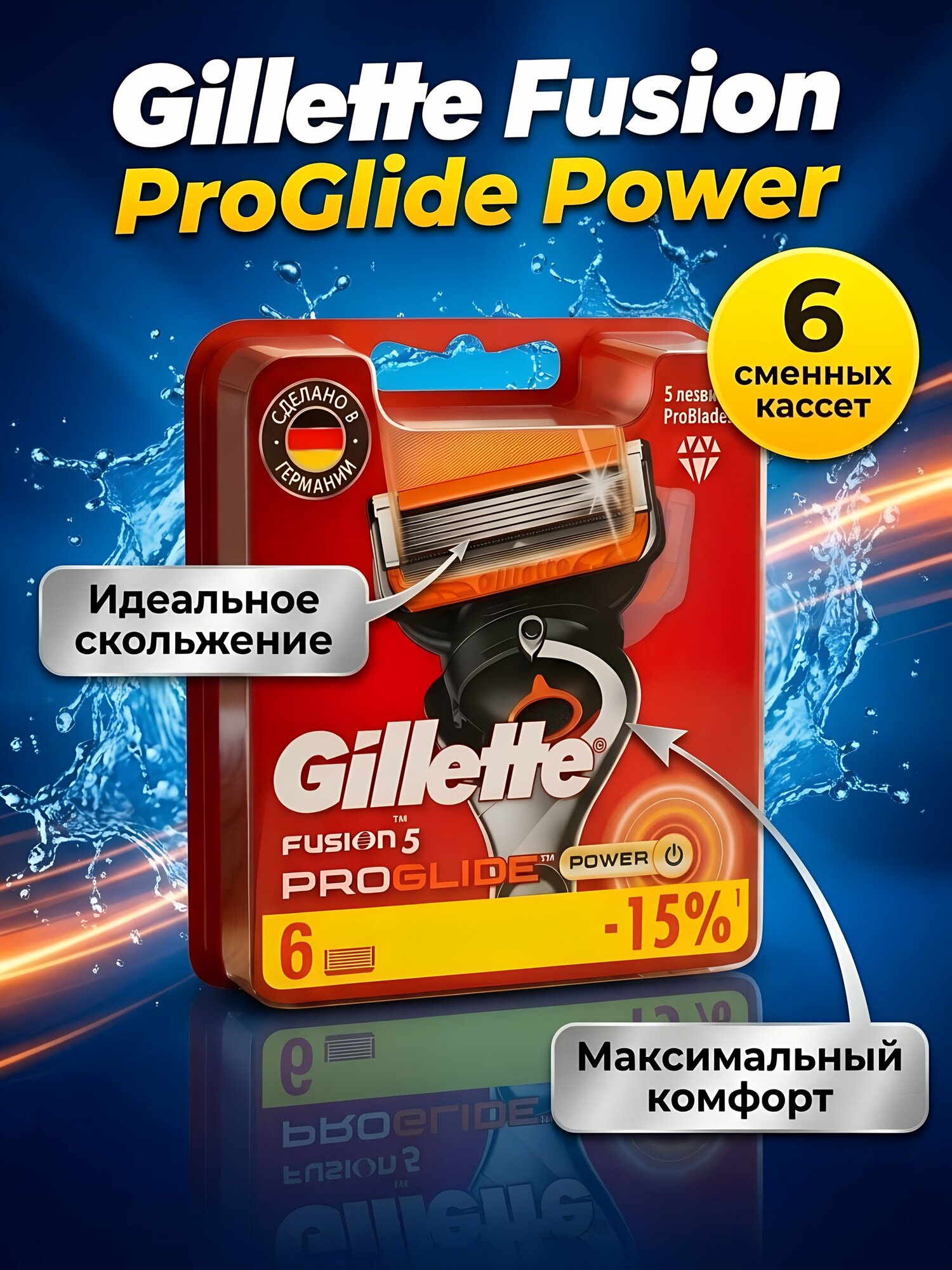 Сменные кассеты для бритв Gillette Fusion ProGlide Power, мужские, 6 штук. Оригинальные лезвия для комфортного бритья