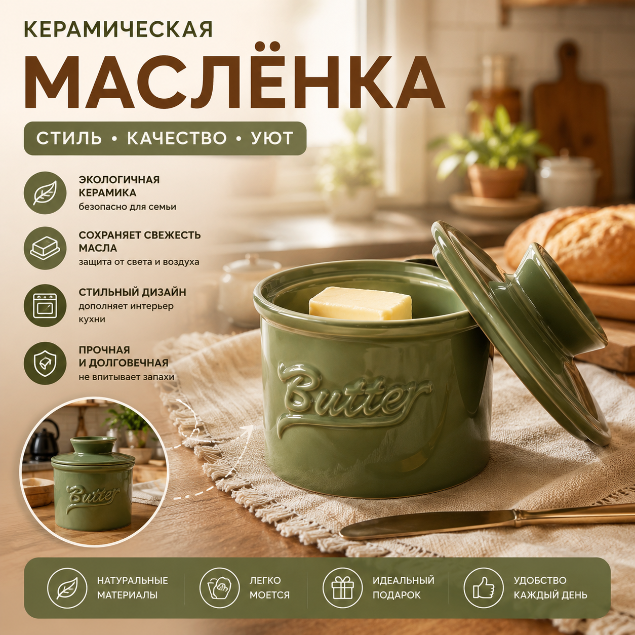 Винтажная керамическая масленка с гравировкой Butter, герметичная емкость для хранения сливочного масла на кухню 11,5см