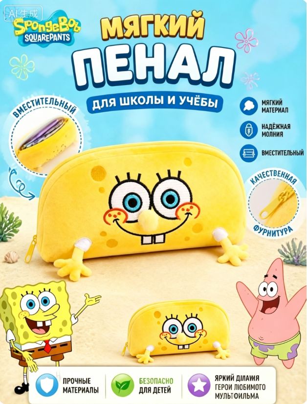 Пенал-косметичка губка Боб в очках, желтая, из ткани, с молнией и отделениями